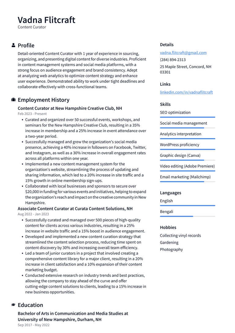 Snapchat Content Curator Resume Examples | ResumeCat
