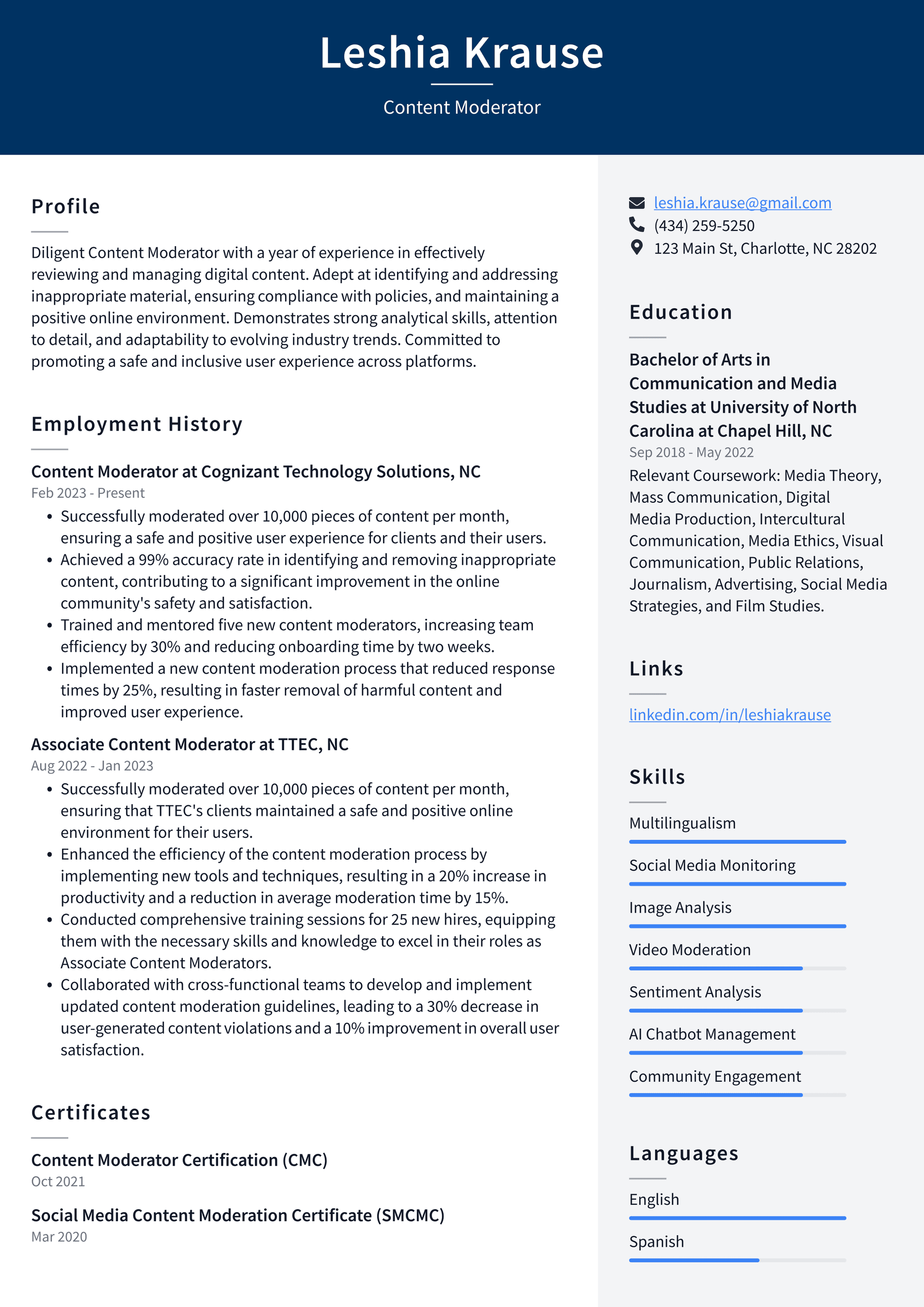 Snapchat Content Moderator Resume Examples | ResumeCat