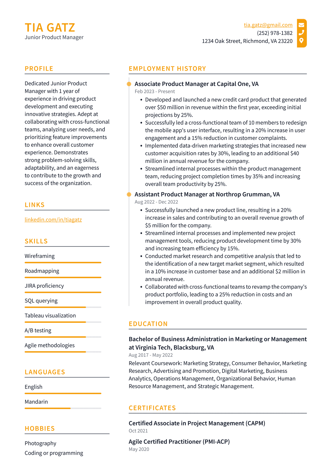 Snapchat Junior Product Manager Resume Examples | ResumeCat