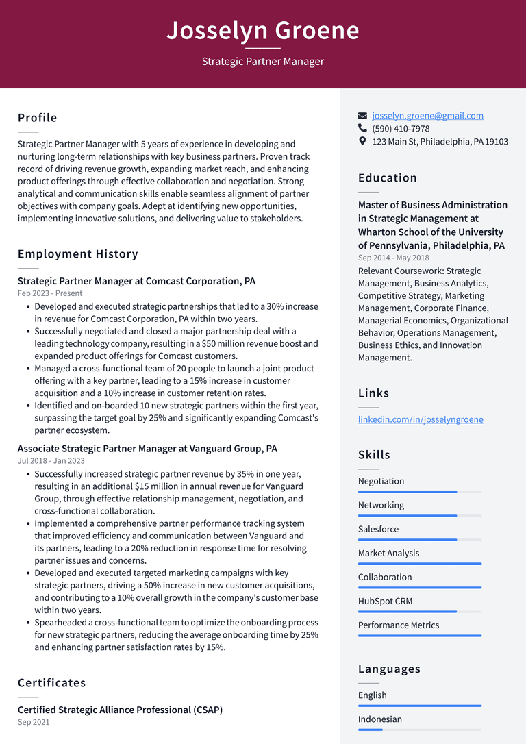 Snapchat Strategic Partner Manager Resume Examples