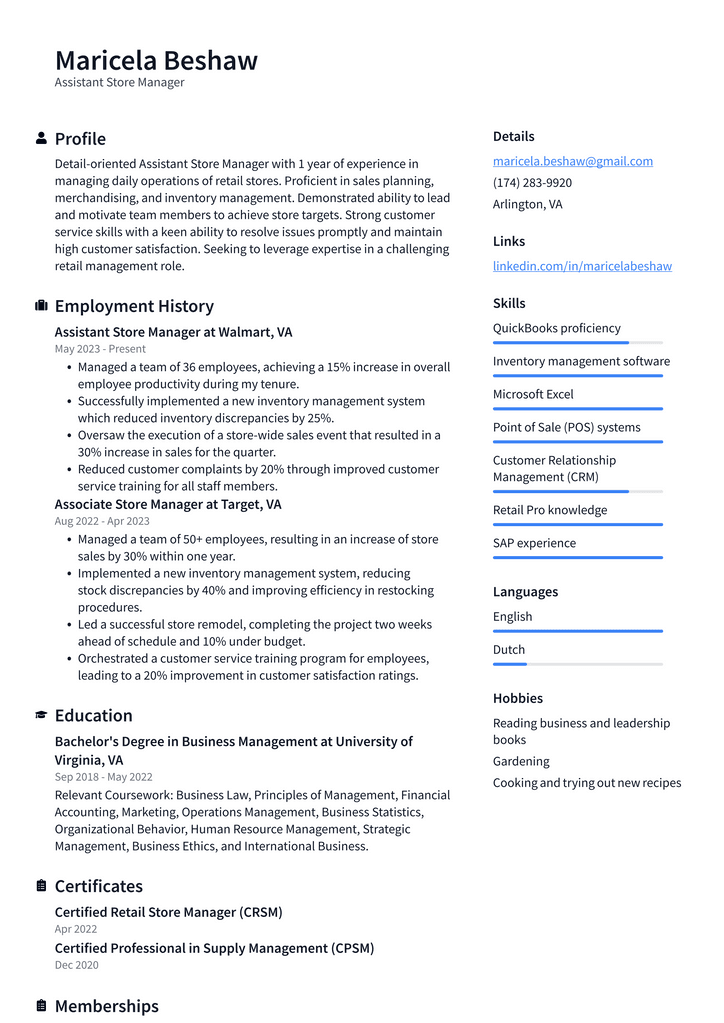 Starbucks Assistant Store Manager Resume Examples