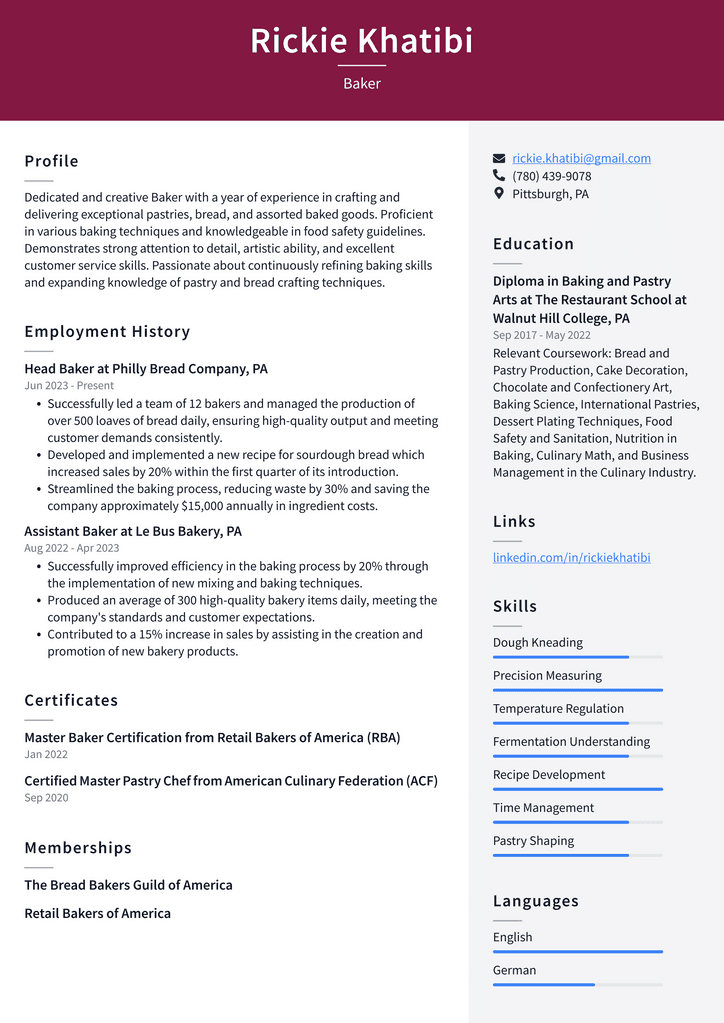 Starbucks Baker Resume Examples | ResumeCat