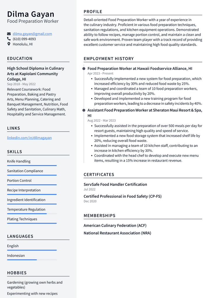Starbucks Food Preparation Worker Resume Examples