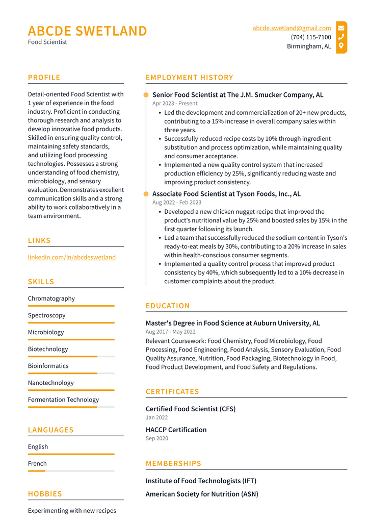 Starbucks Food Scientist Resume Examples | ResumeCat