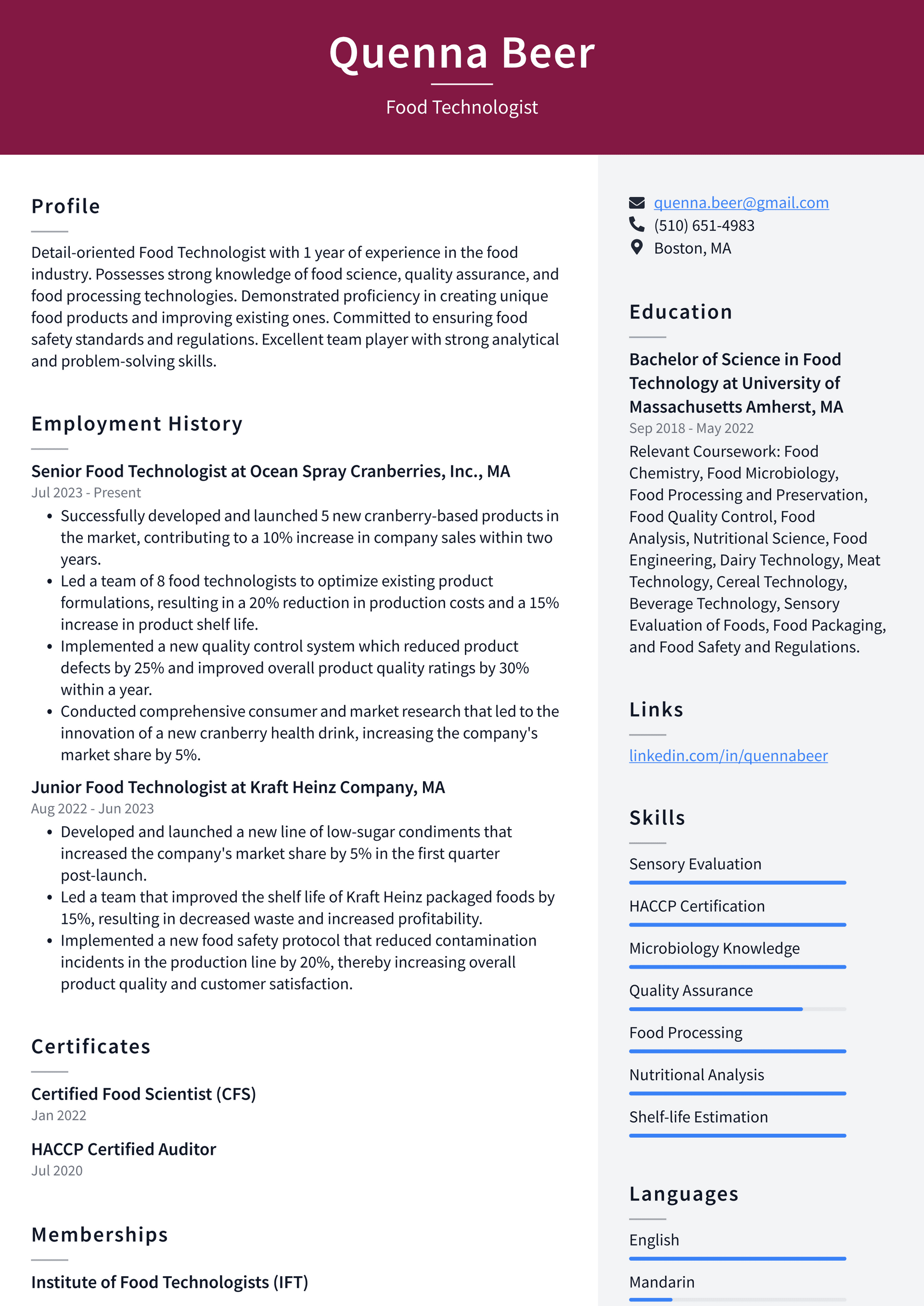 Starbucks Food Technologist Resume Examples | ResumeCat
