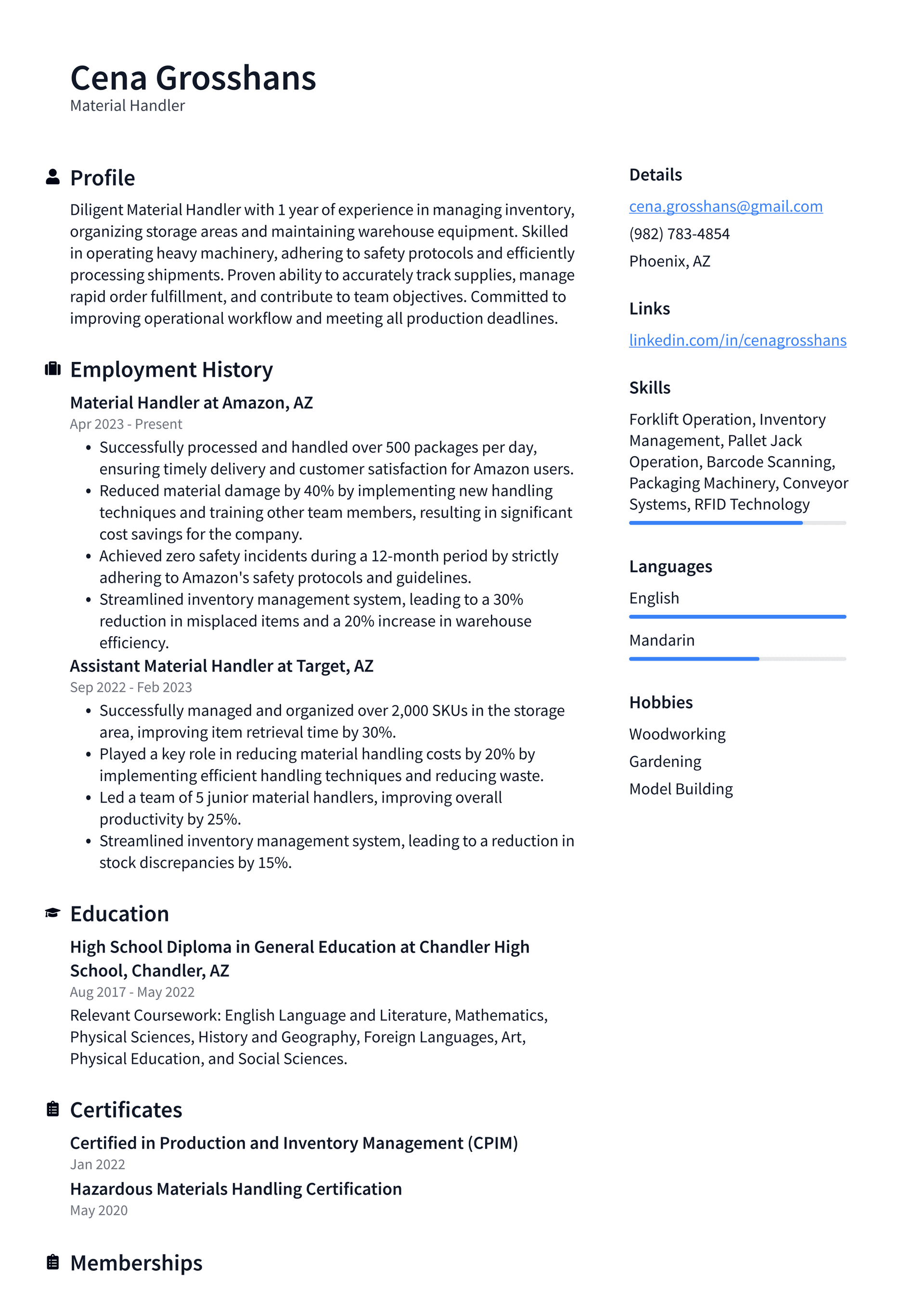Starbucks Material Handler Resume Examples | ResumeCat