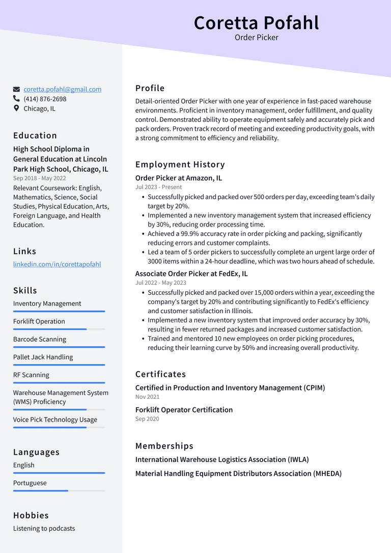 Starbucks Order Picker Resume Examples | ResumeCat