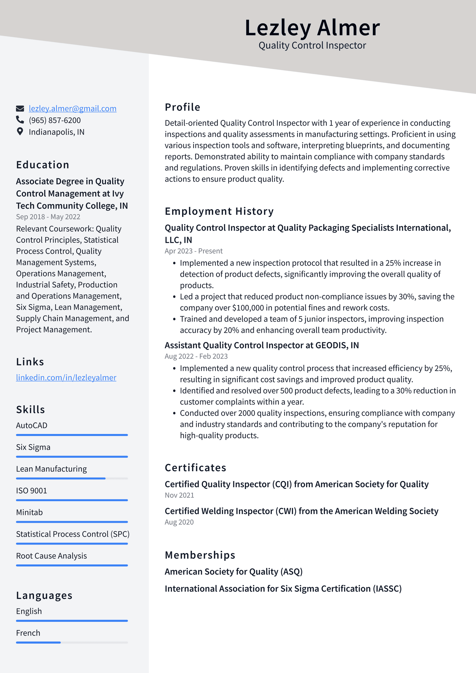 Starbucks Quality Control Inspector Resume Examples