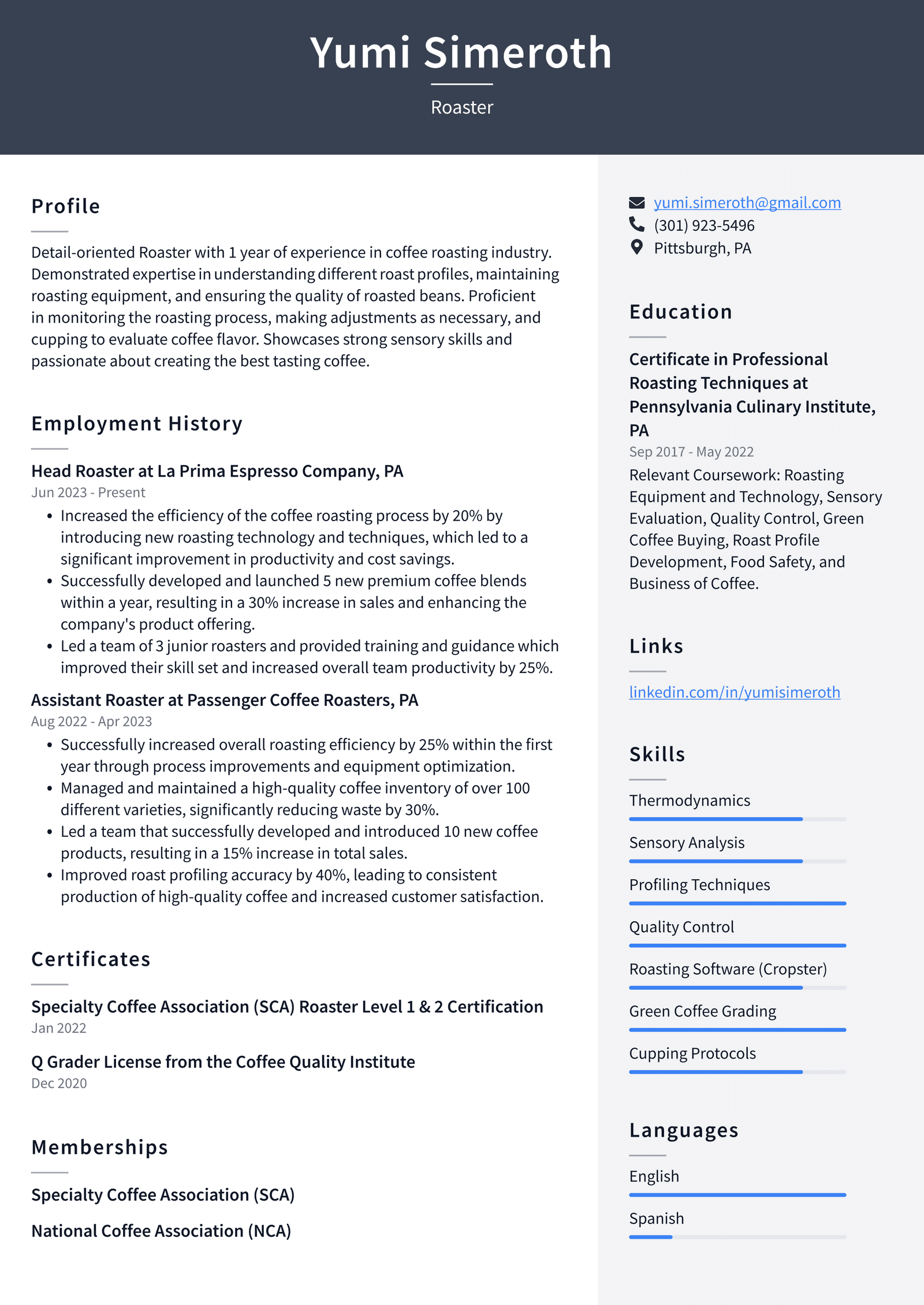 Starbucks Roaster Resume Examples | ResumeCat