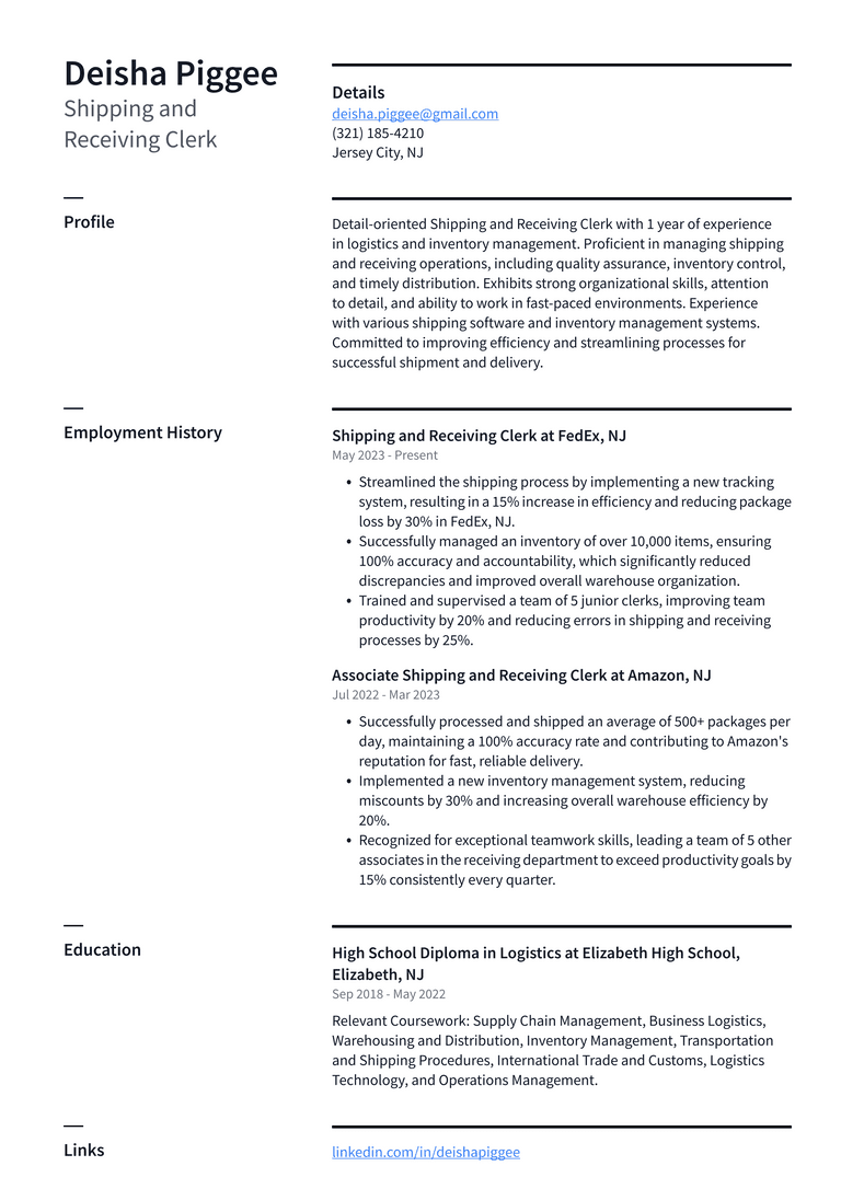 Starbucks Shipping and Receiving Clerk Resume Examples