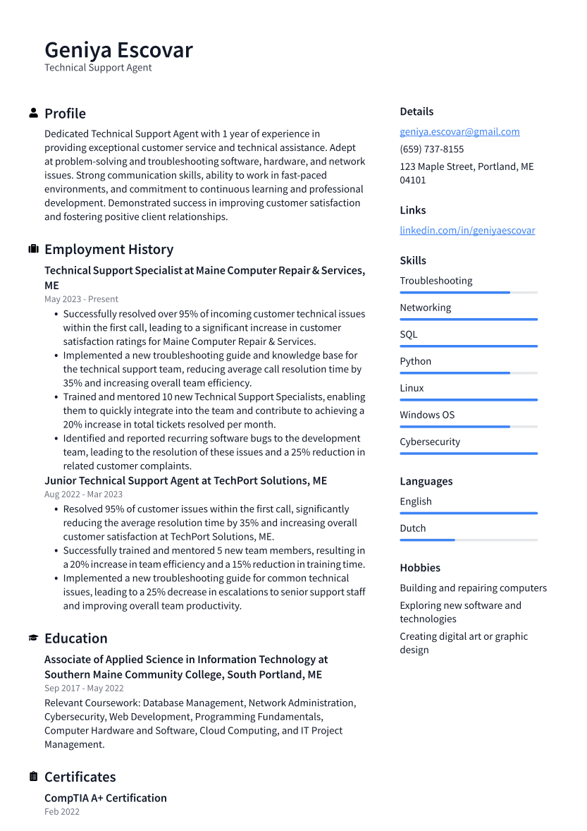 Technical Support Agent Resume Examples And Templates