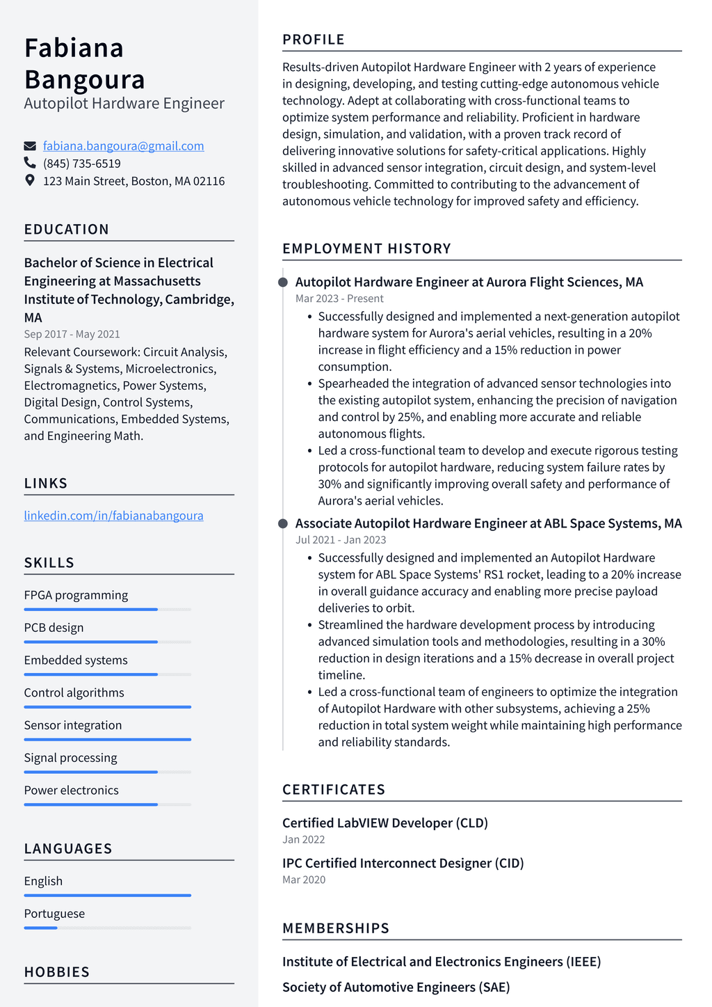 Tesla Autopilot Hardware Engineer Resume Examples