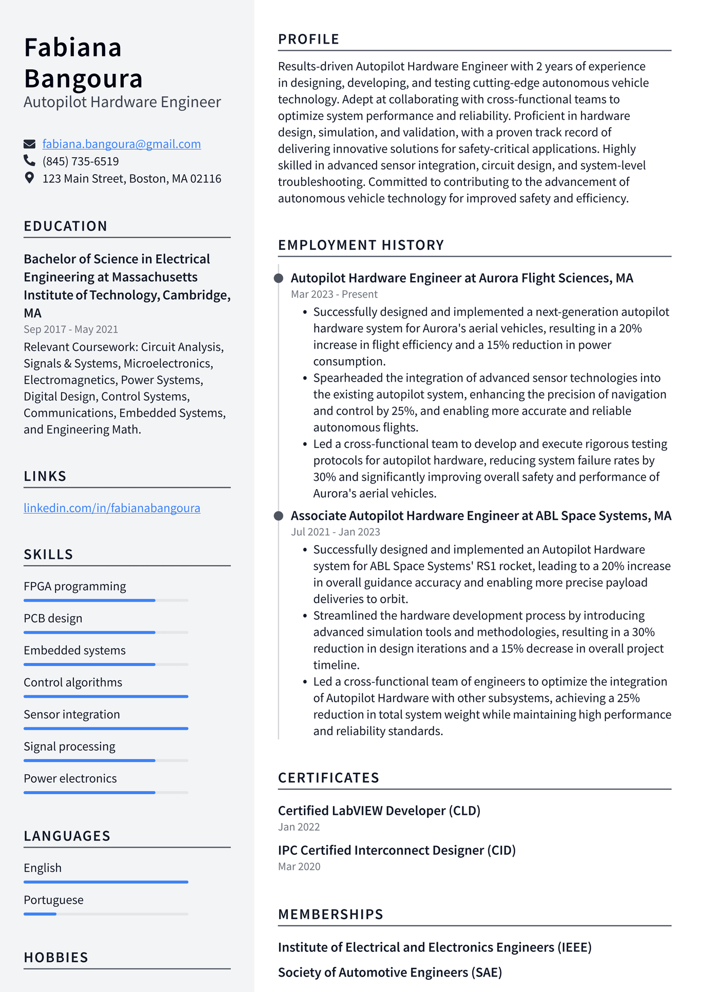 Tesla Autopilot Hardware Engineer Resume Examples