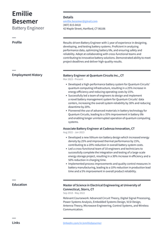 Tesla Battery Engineer Resume Examples | ResumeCat