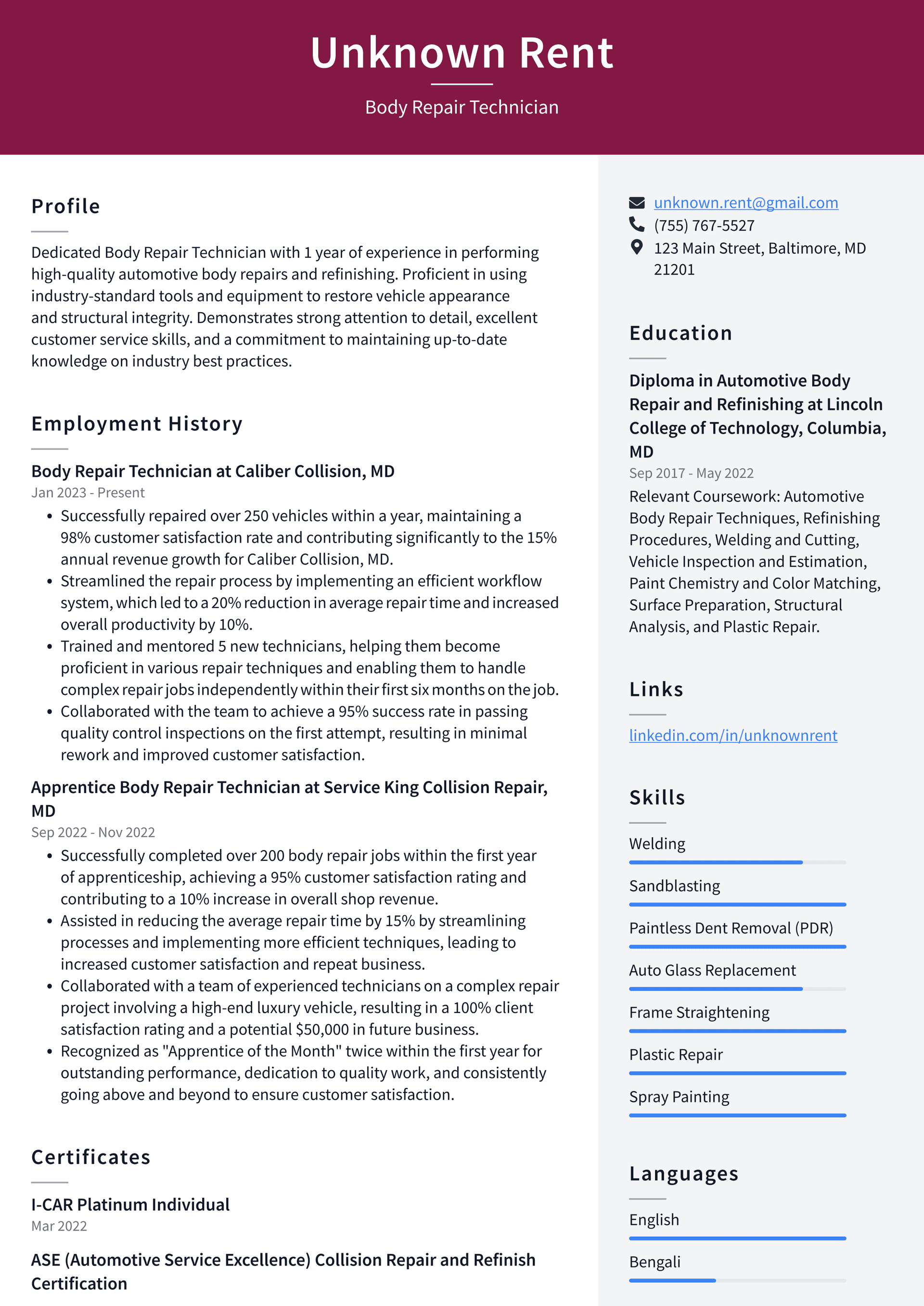 Tesla Body Repair Technician Resume Examples | ResumeCat