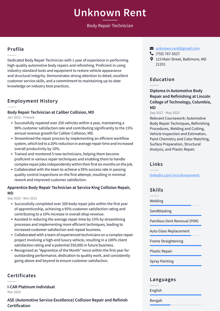 Tesla Body Repair Technician Resume Examples | ResumeCat