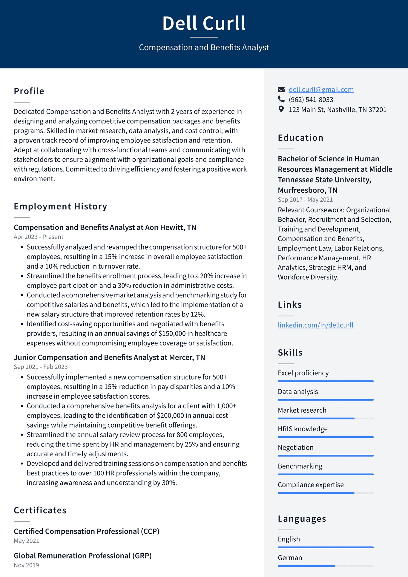 Tesla Compensation and Benefits Analyst Resume Examples