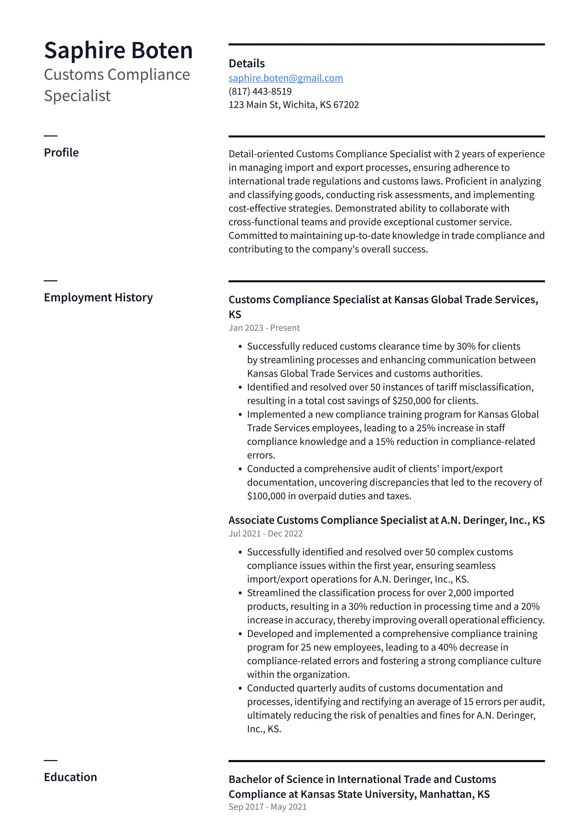 Tesla Customs Compliance Specialist Resume Examples