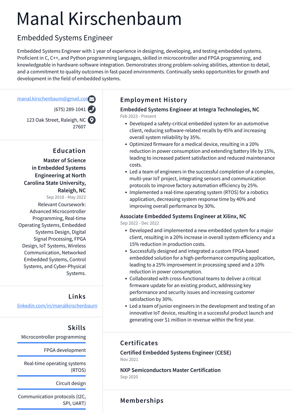 Tesla Embedded Systems Engineer Resume Examples | ResumeCat
