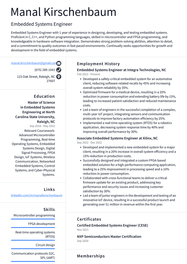 Tesla Embedded Systems Engineer Resume Examples | ResumeCat