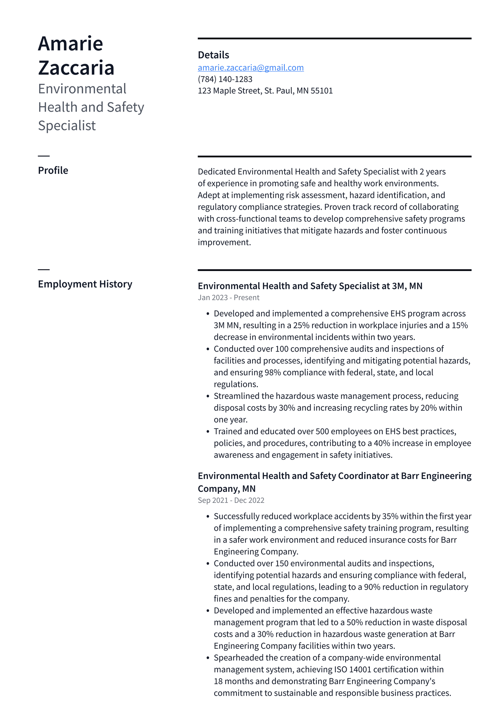 Tesla Environmental Health and Safety Specialist Resume Examples
