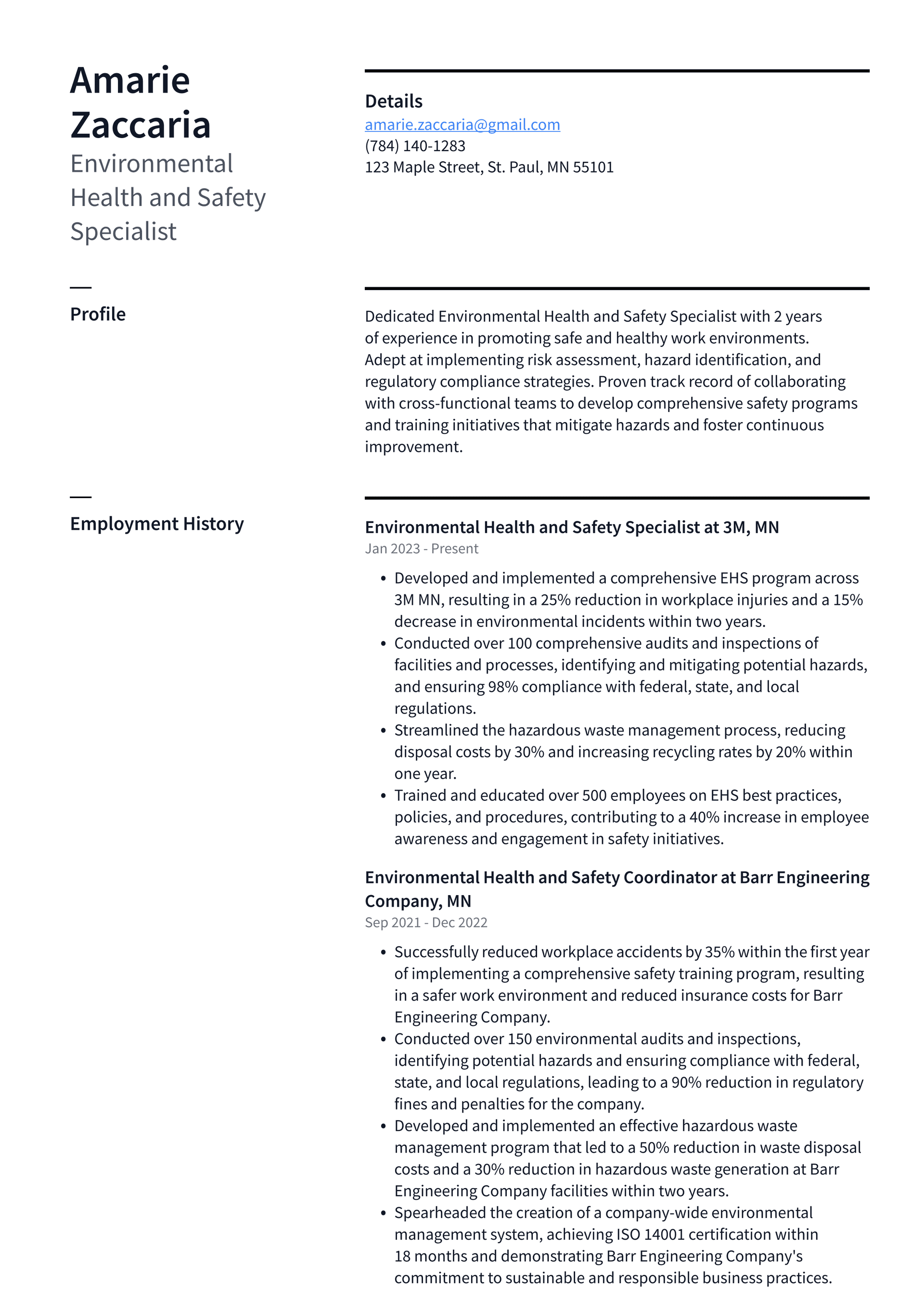 Tesla Environmental Health and Safety Specialist Resume Examples
