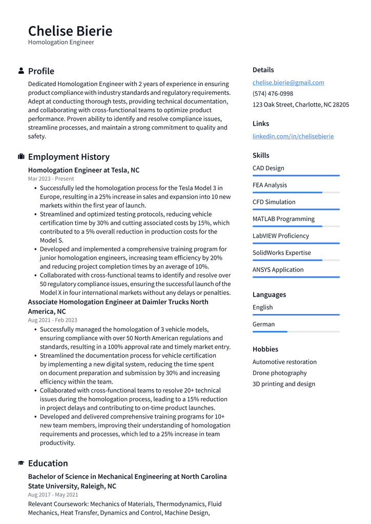 Tesla Homologation Engineer Resume Examples | ResumeCat