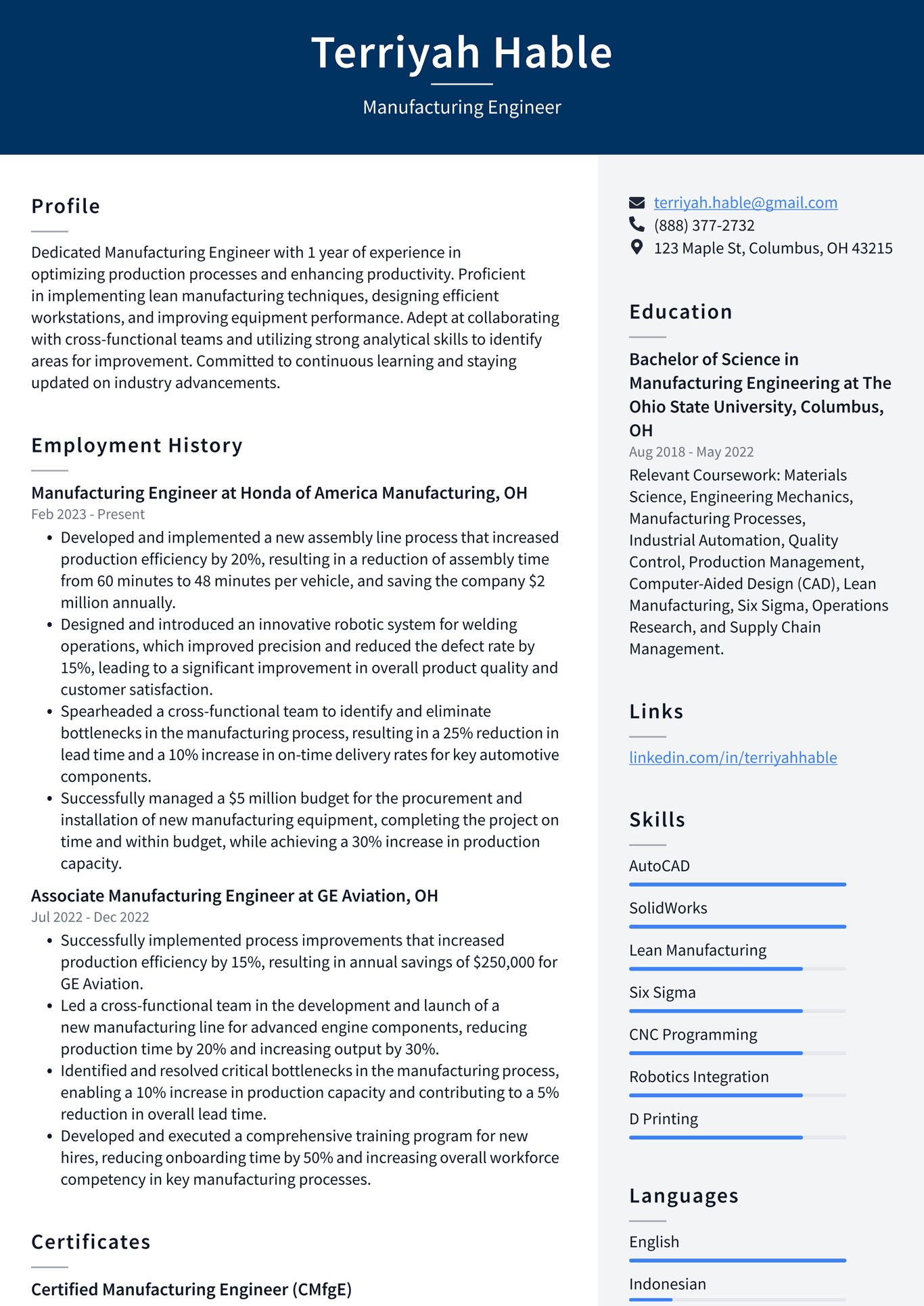 Tesla Manufacturing Engineer Resume Examples | ResumeCat