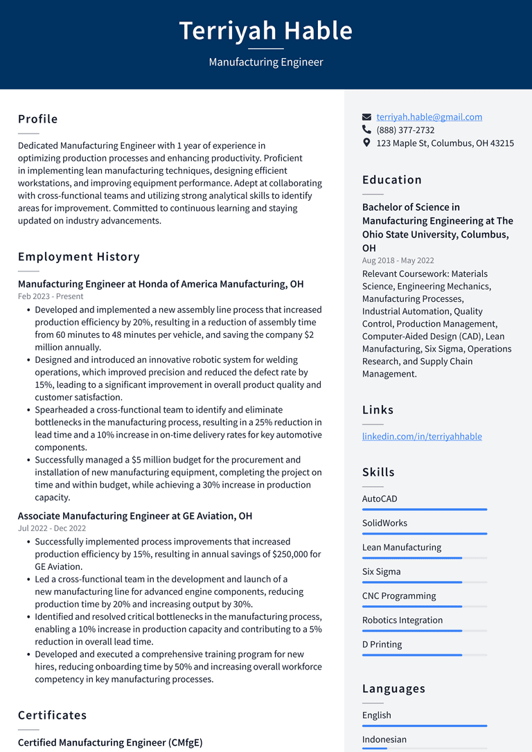 Tesla Manufacturing Engineer Resume Examples | ResumeCat