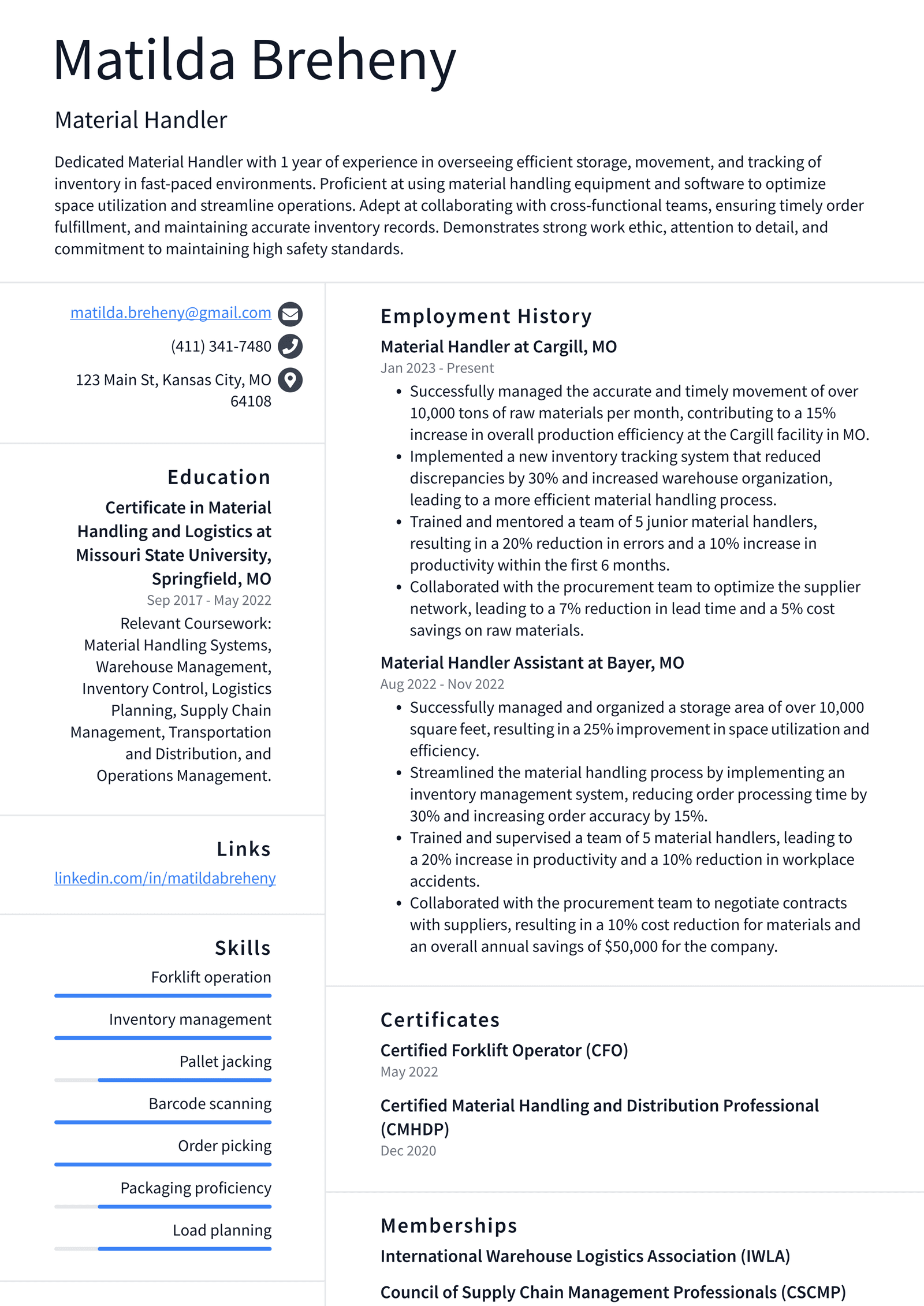 Tesla Material Handler Resume Examples | ResumeCat