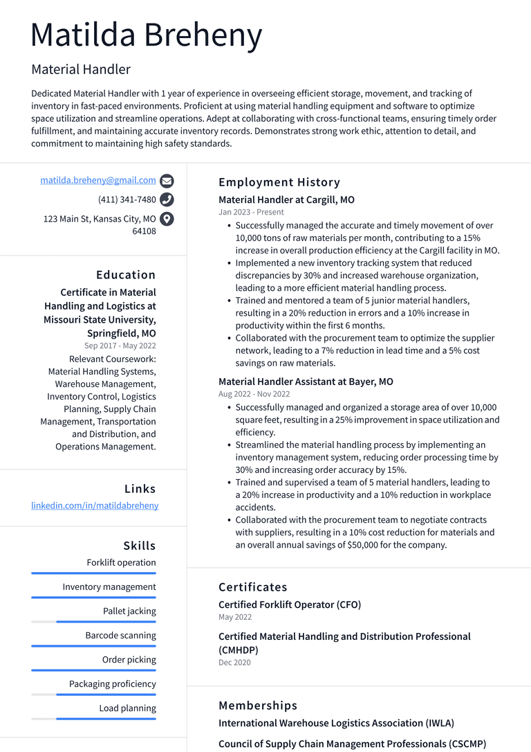 Tesla Material Handler Resume Examples | ResumeCat