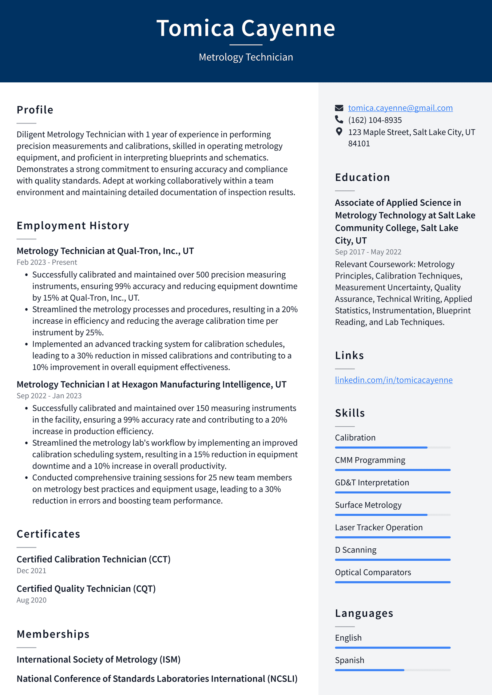 Tesla Metrology Technician Resume Examples | ResumeCat