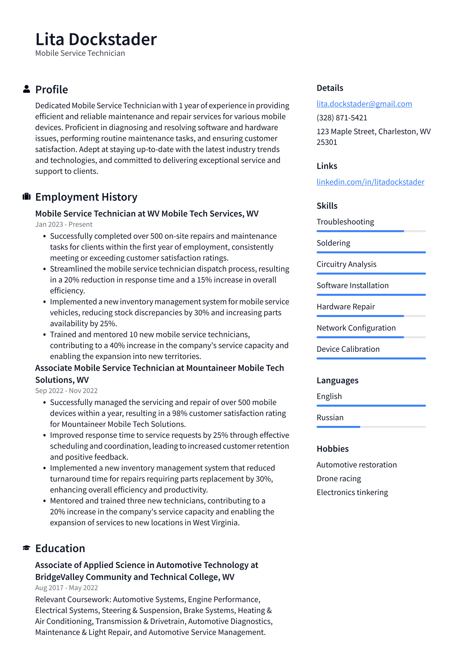 Tesla Mobile Service Technician Resume Examples | ResumeCat