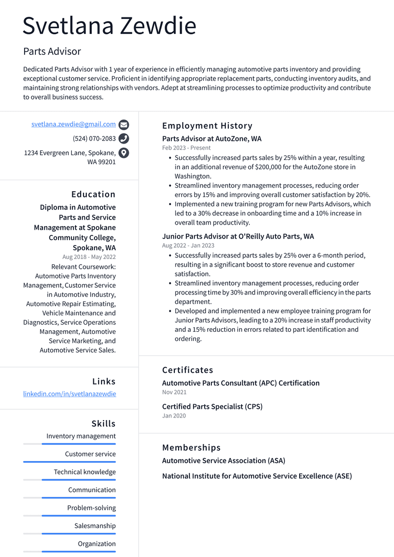 Tesla Parts Advisor Resume Examples | ResumeCat