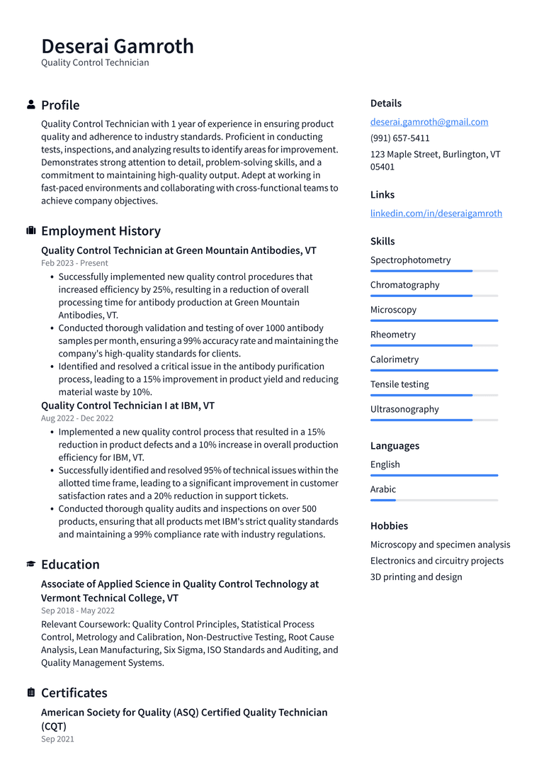 Tesla Quality Control Technician Resume Examples | ResumeCat