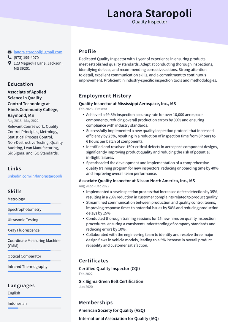 Tesla Quality Inspector Resume Examples | ResumeCat