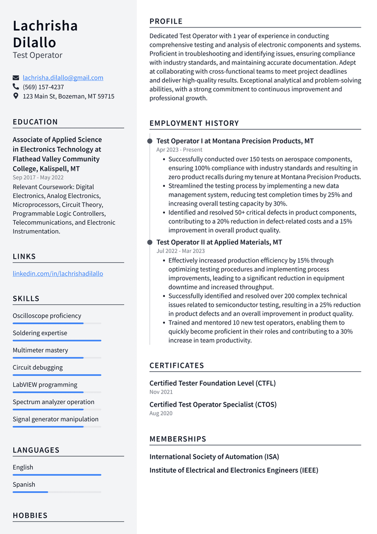 Tesla Test Operator Resume Examples | ResumeCat