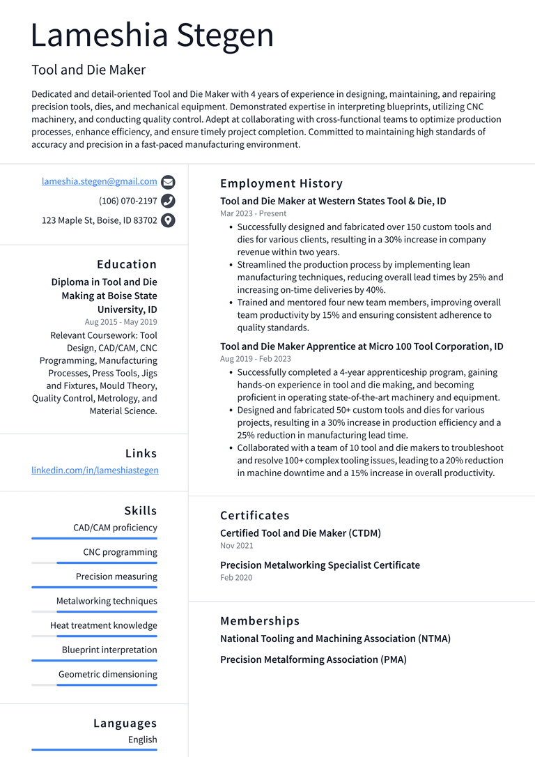Tesla Tool and Die Maker Resume Examples | ResumeCat