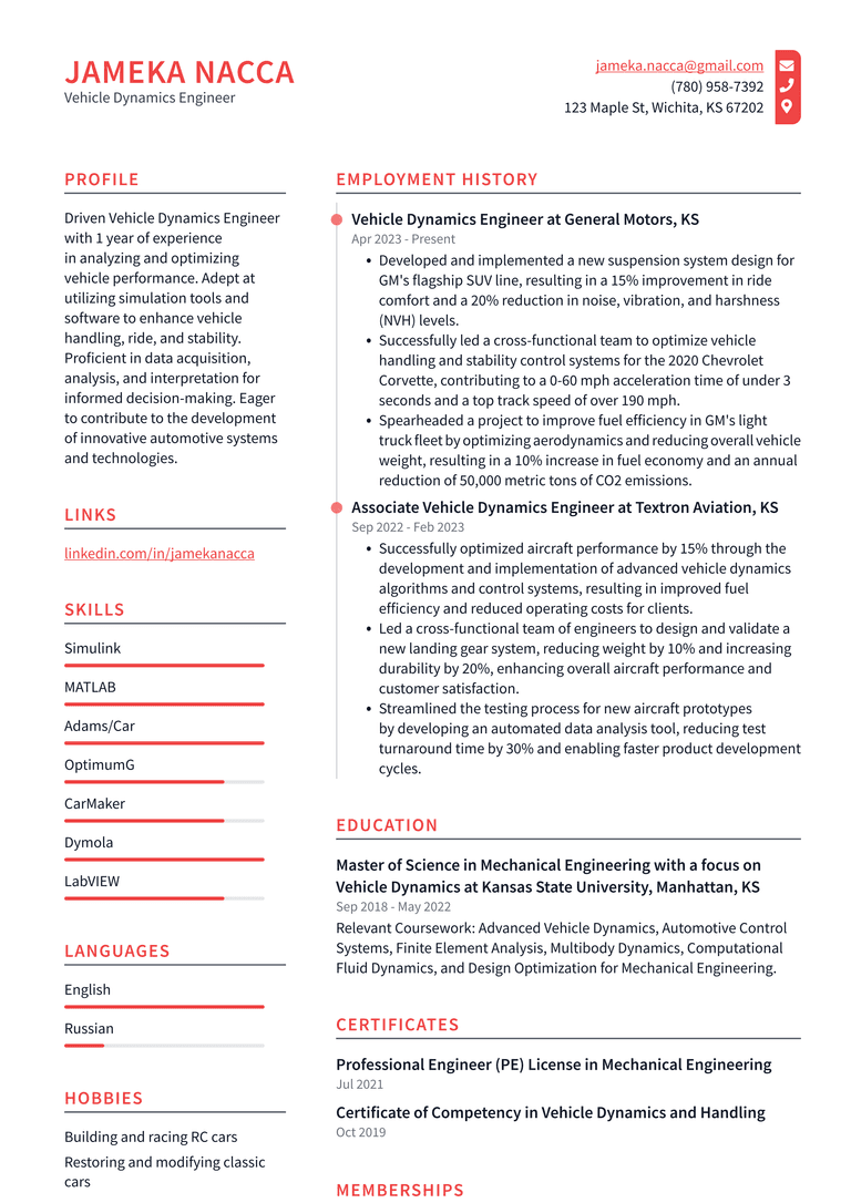 Tesla Vehicle Dynamics Engineer Resume Examples | ResumeCat