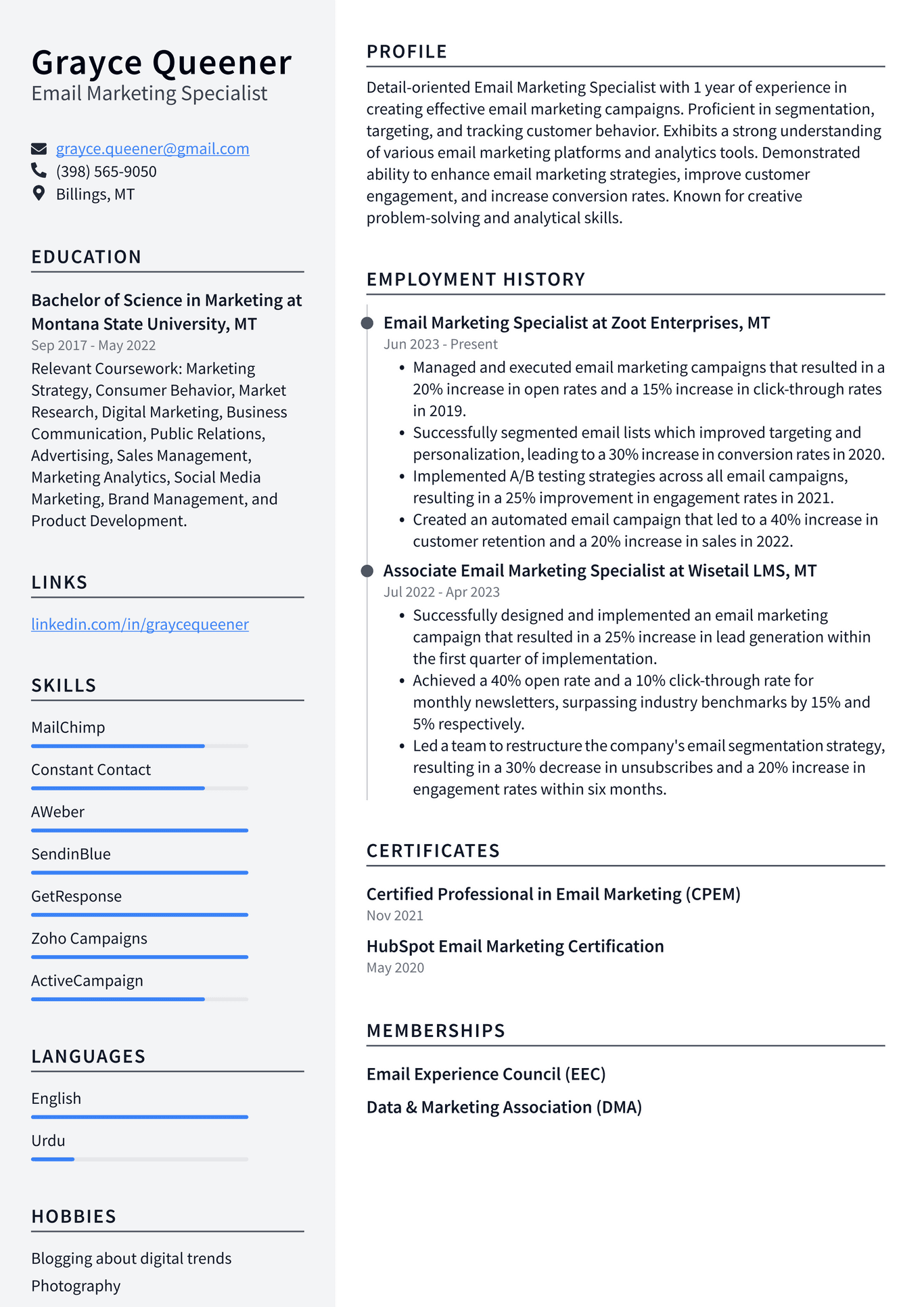Twitter Email Marketing Specialist Resume Examples