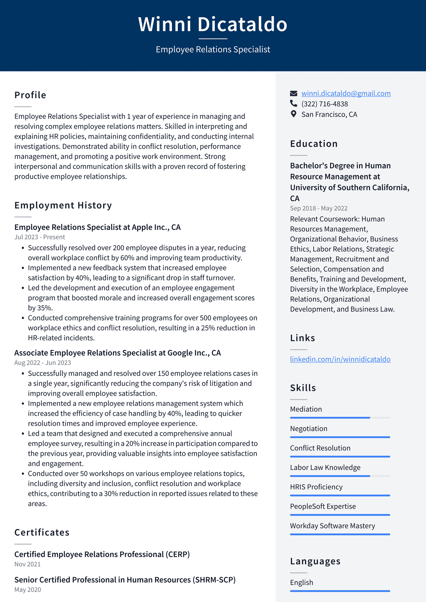 Twitter Employee Relations Specialist Resume Examples