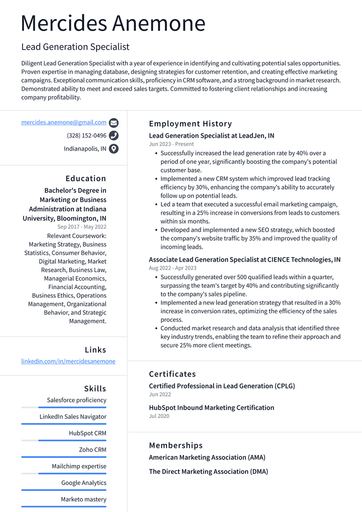 Twitter Lead Generation Specialist Resume Examples