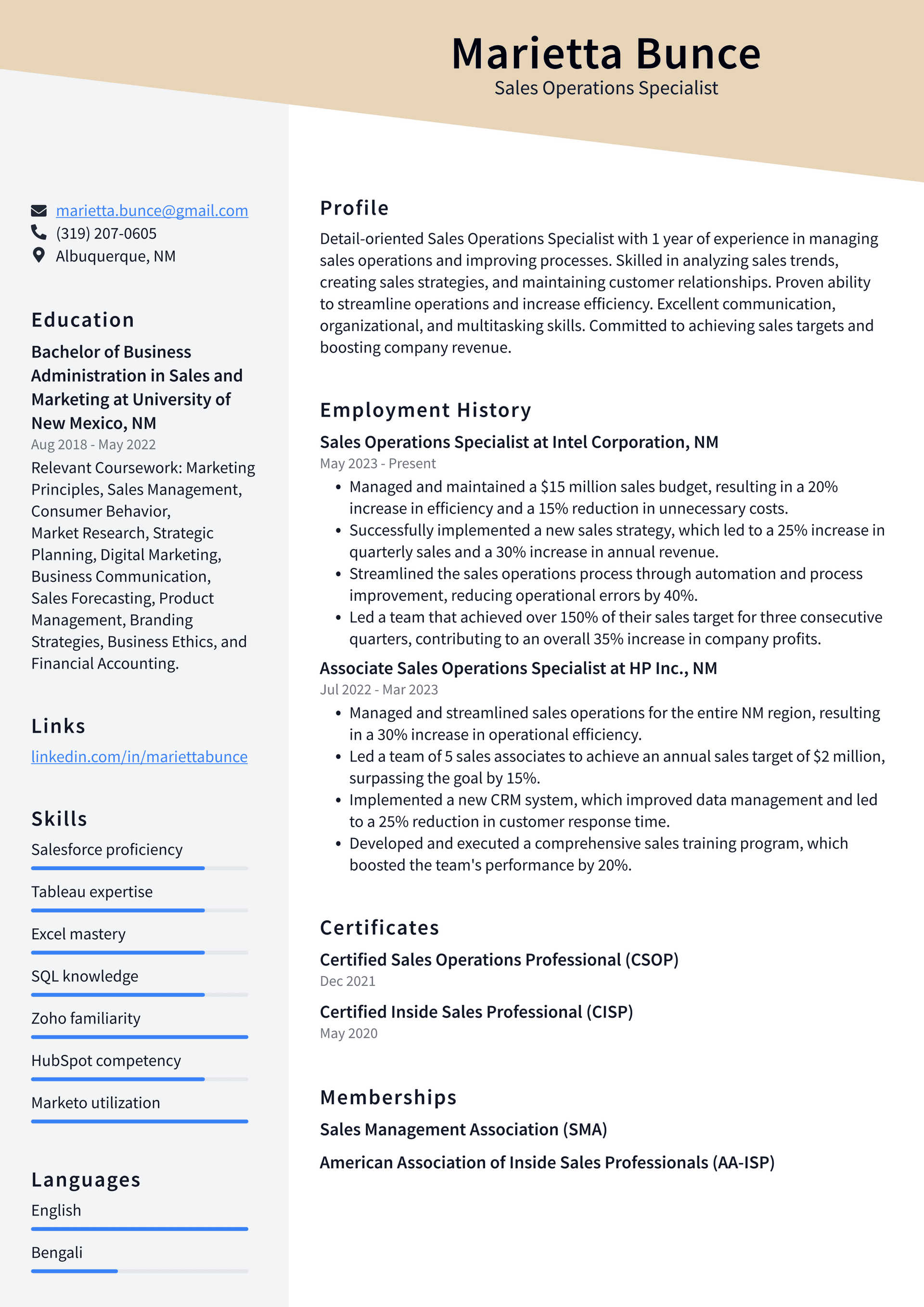Twitter Sales Operations Specialist Resume Examples