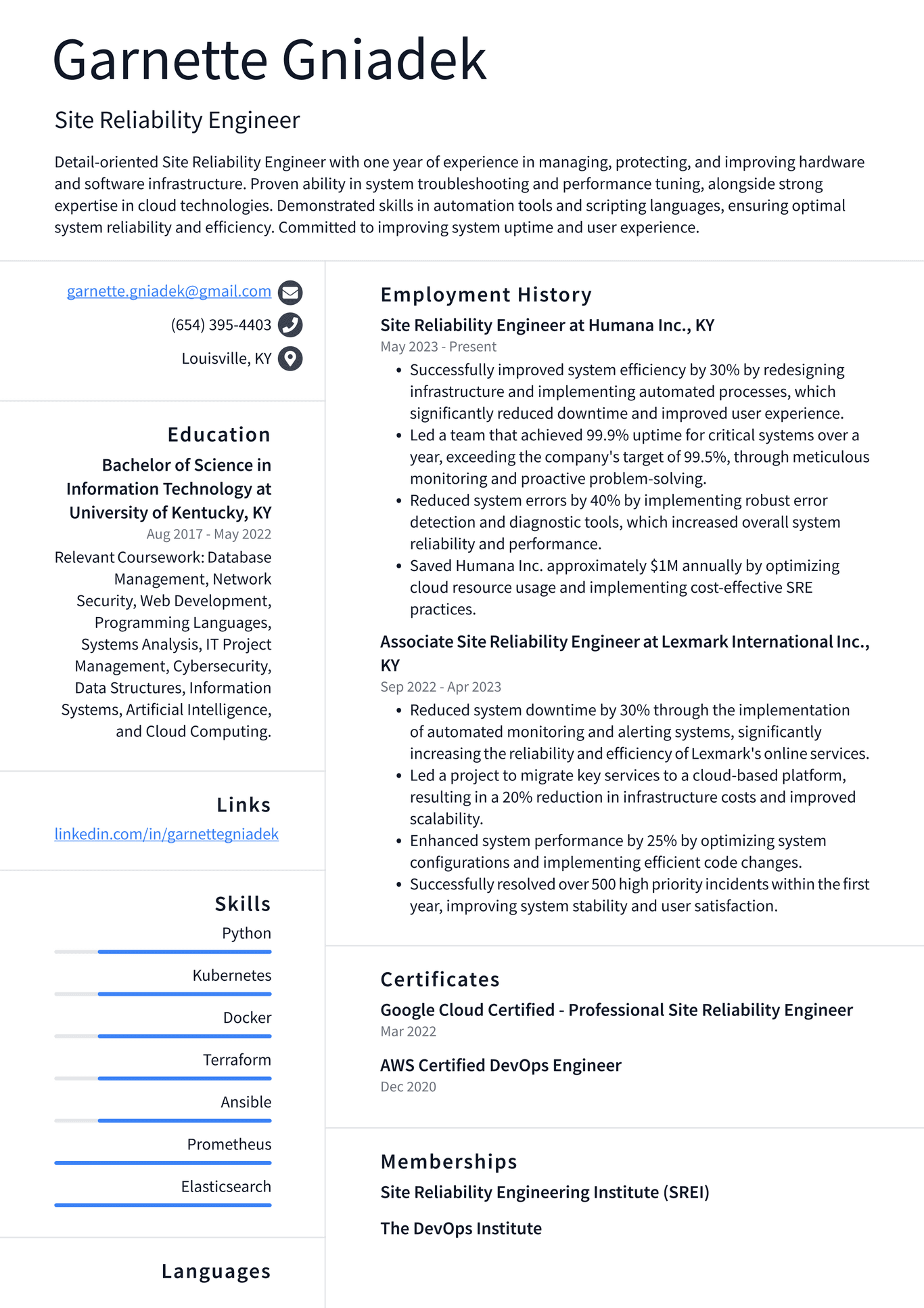 Twitter Site Reliability Engineer Resume Examples