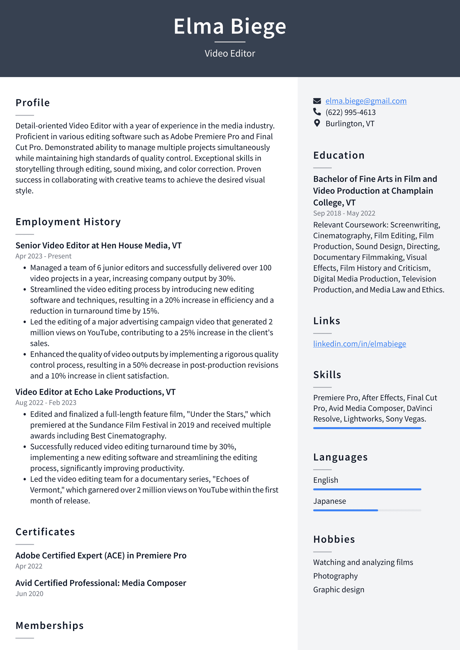 Twitter Video Editor Resume Examples | ResumeCat