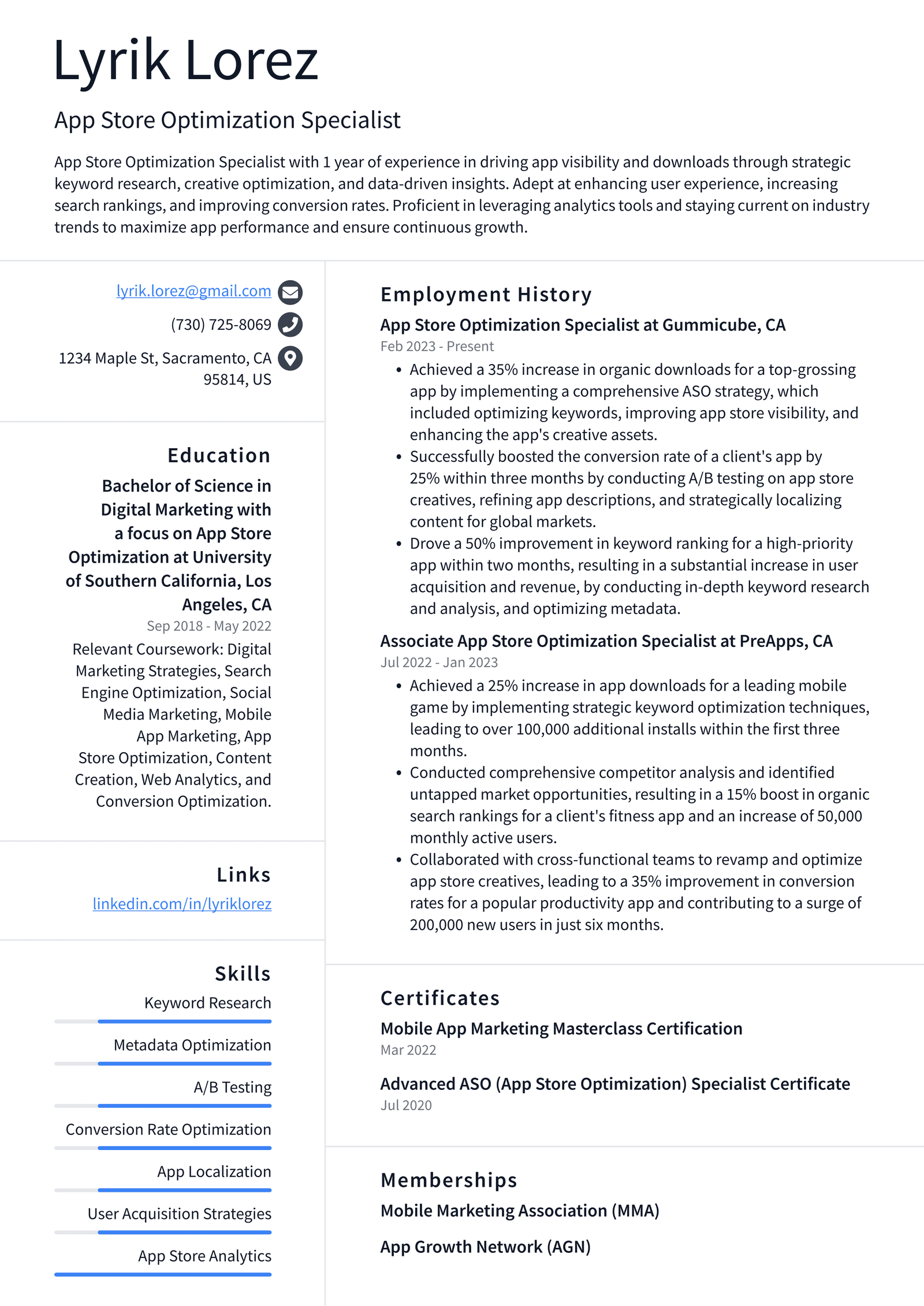 Uber App Store Optimization Specialist Resume Examples