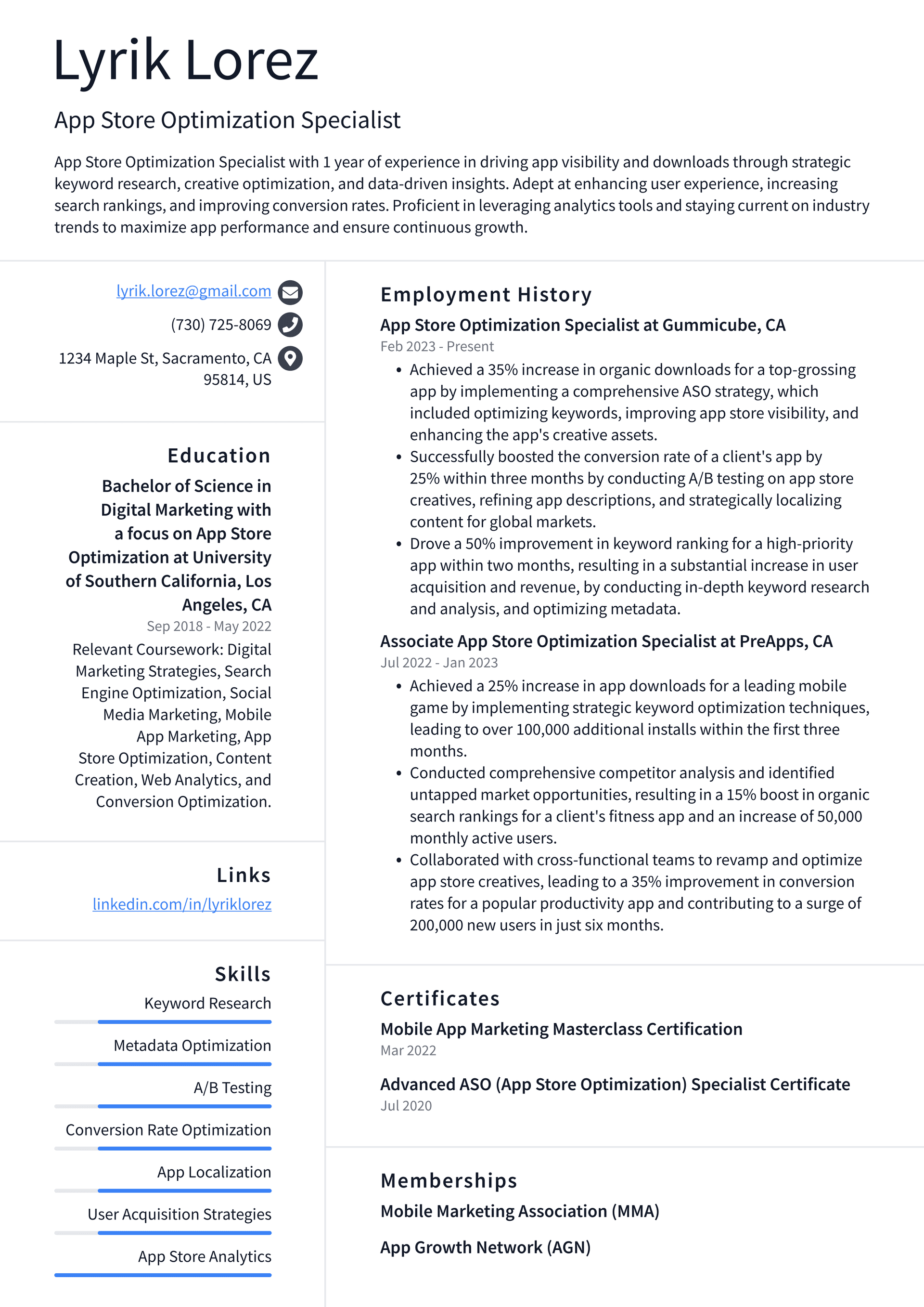 Uber App Store Optimization Specialist Resume Examples