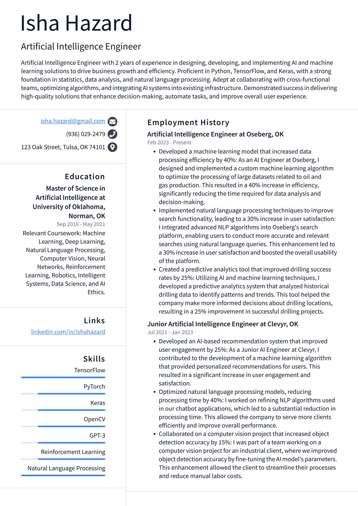 Uber Artificial Intelligence Engineer Resume Examples