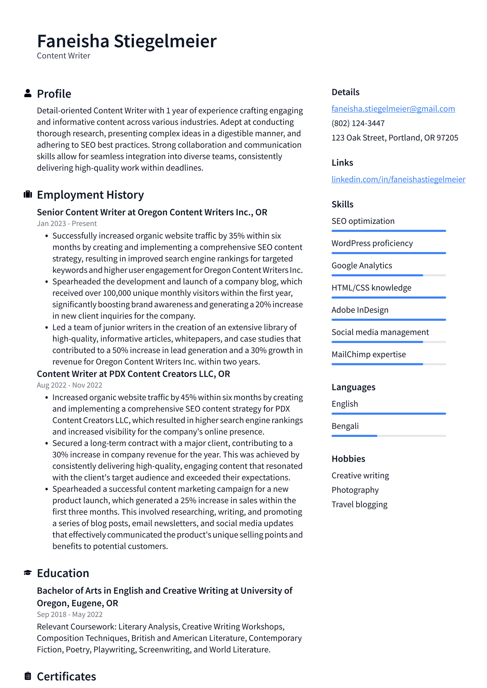 Uber Content Writer Resume Examples | ResumeCat