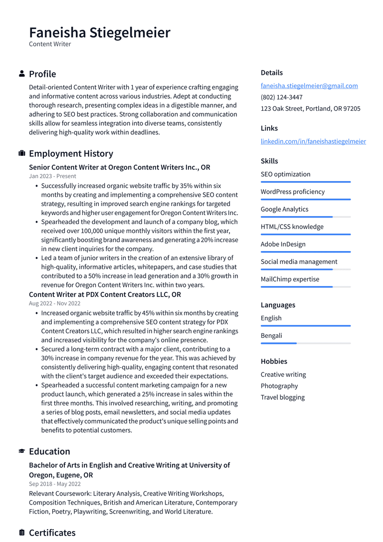 Uber Content Writer Resume Examples | ResumeCat